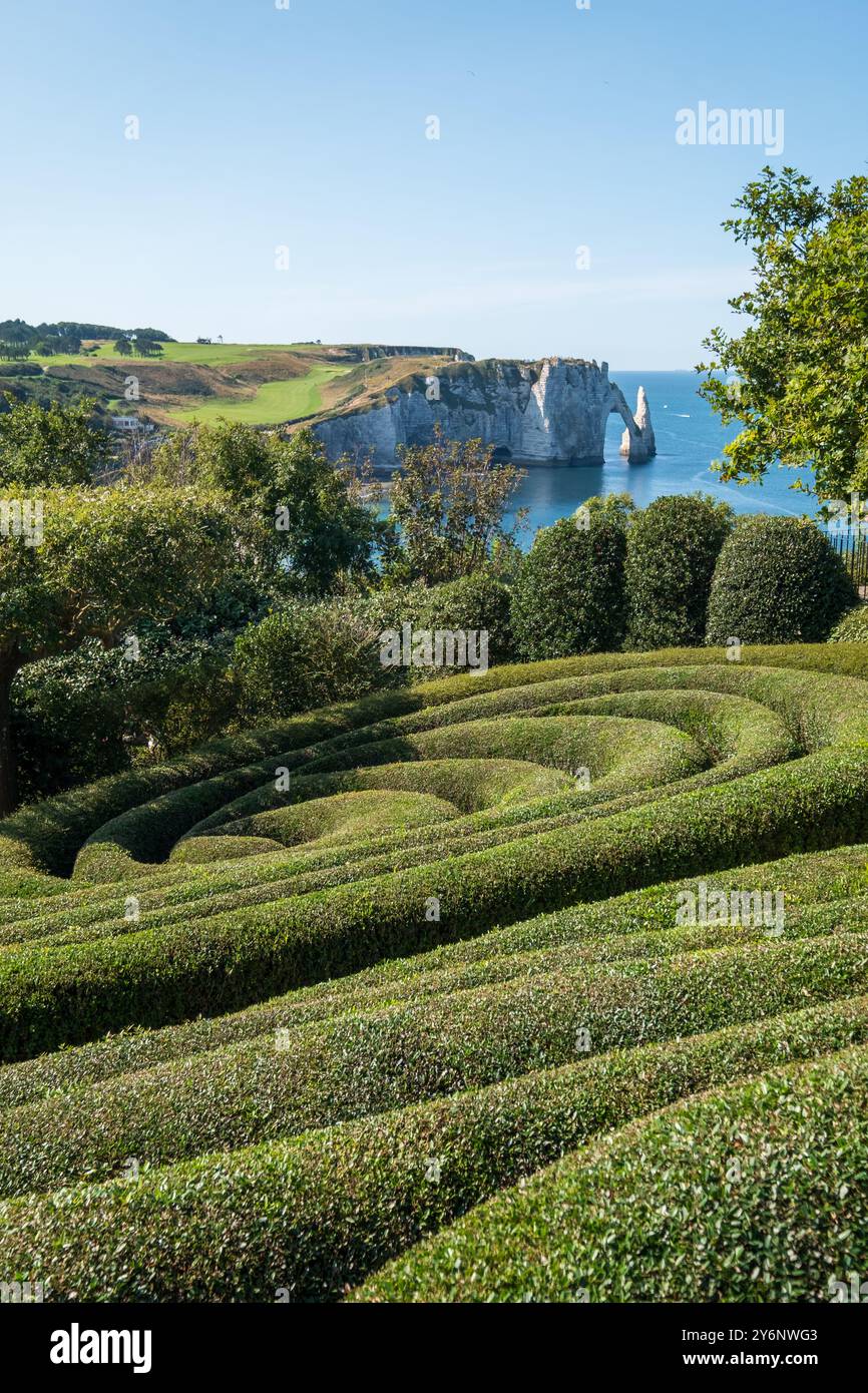 The gardens of Etratat, Normandy France, with manicured topiary hedges ...