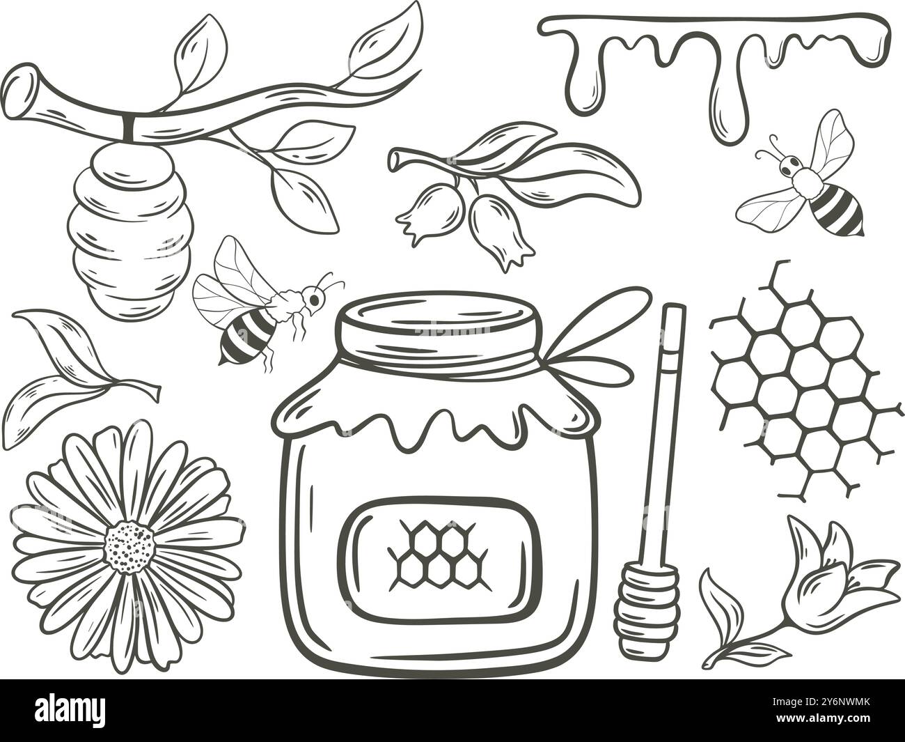 Hand drawn honey set in doodle style includes honey jar, beehive ...