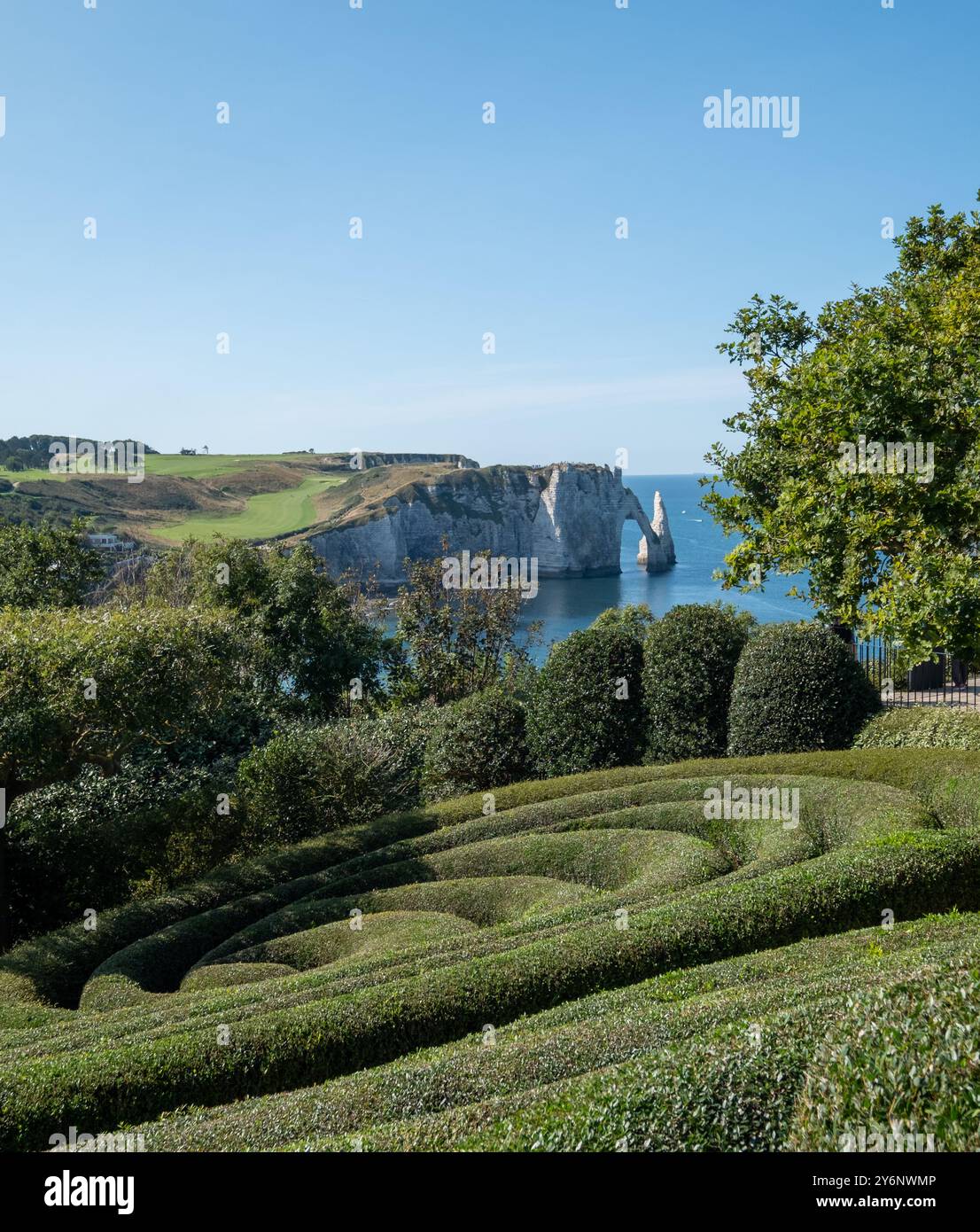 The gardens of Etratat, Normandy France, with manicured topiary hedges ...