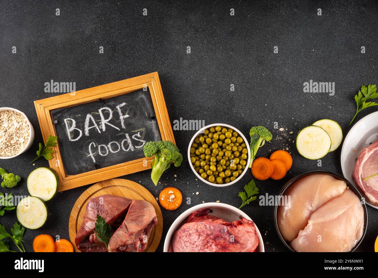 BARF food ingredients, healthy balanced diet for animal background ...