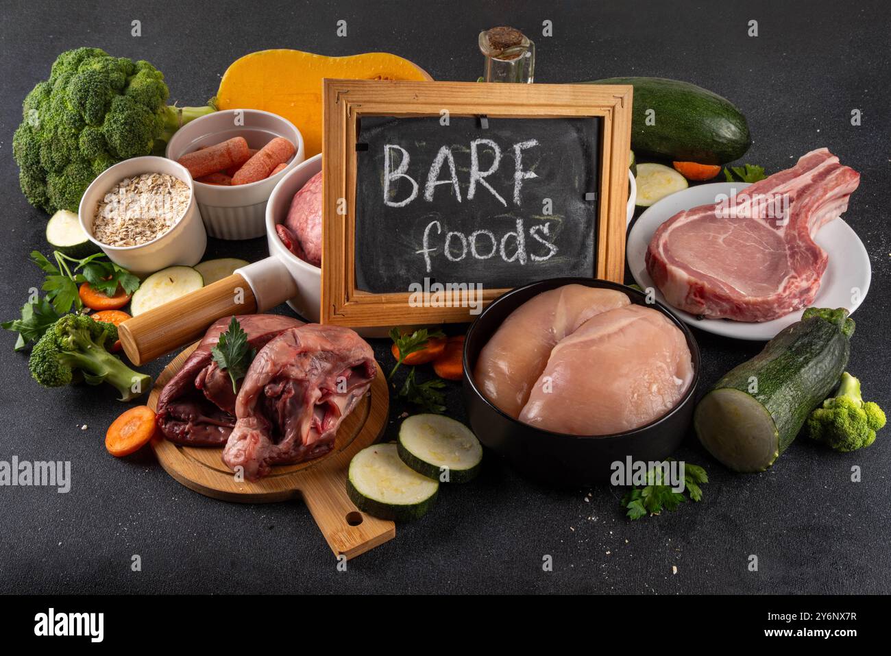 BARF food ingredients, healthy balanced diet for animal background ...