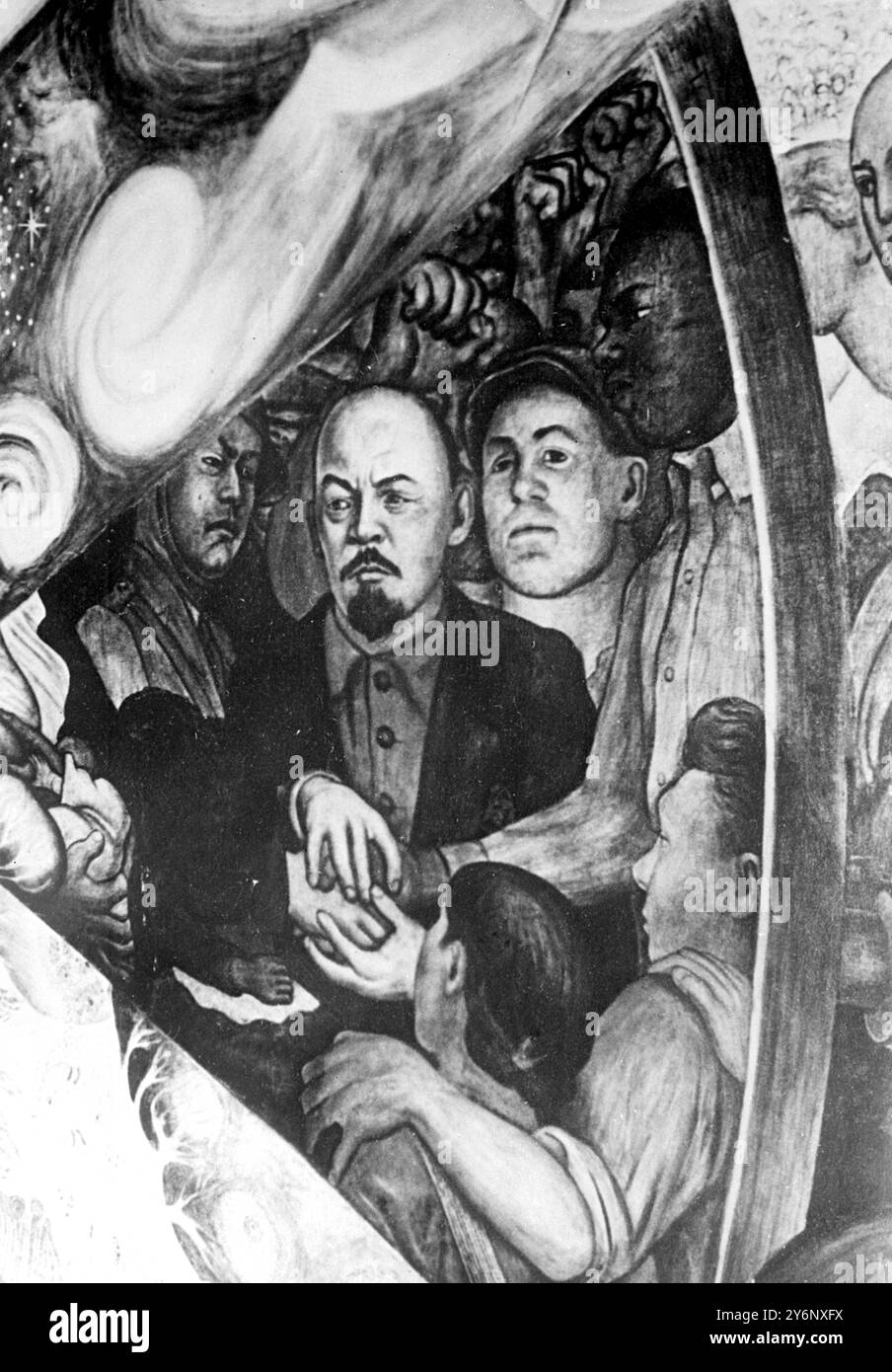 Mural showing Lenin joining the hands of a soldier and white and ...