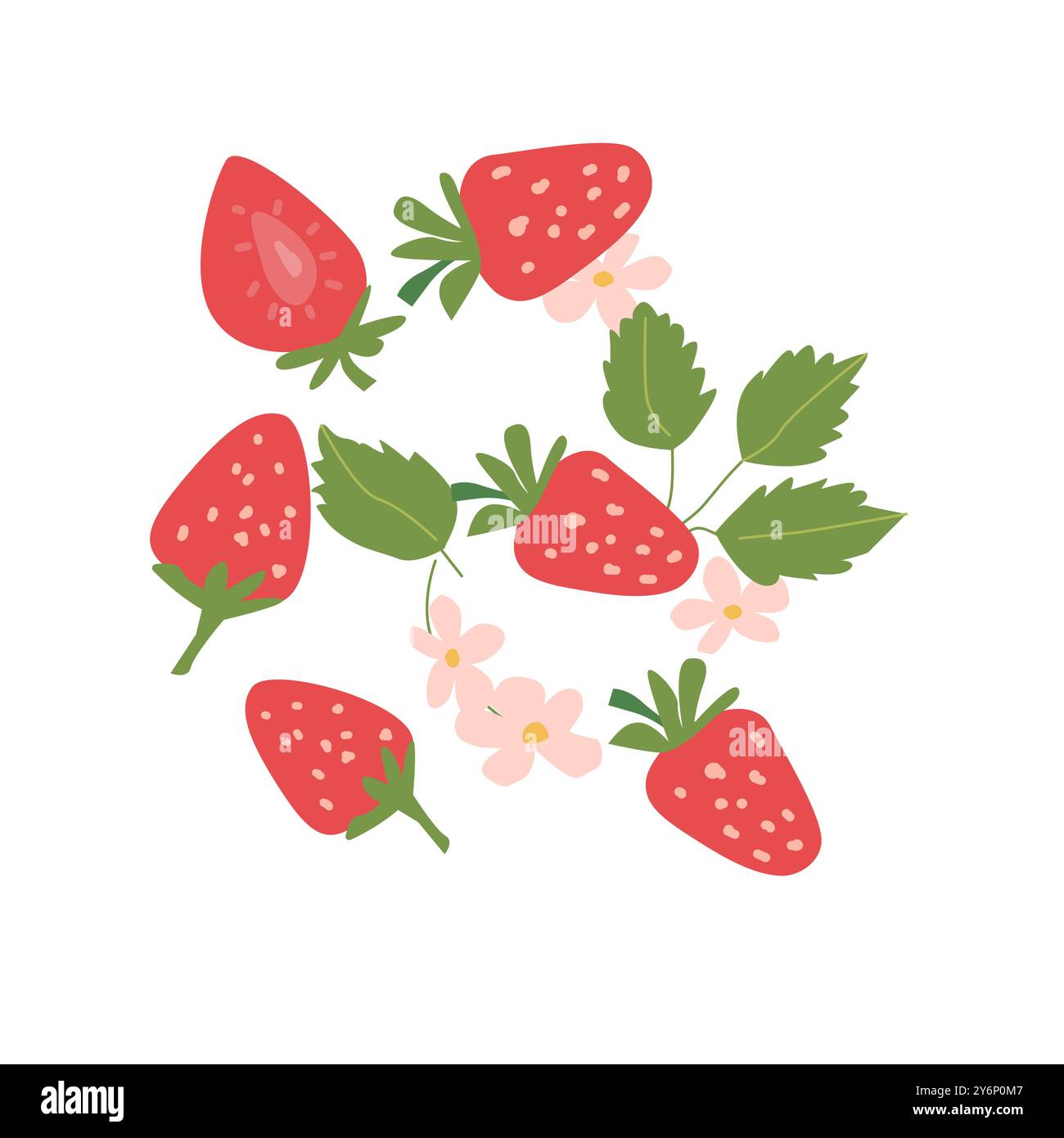 Hand drawn abstract strawberry plant set. Whole fruit, slices, pieces ...