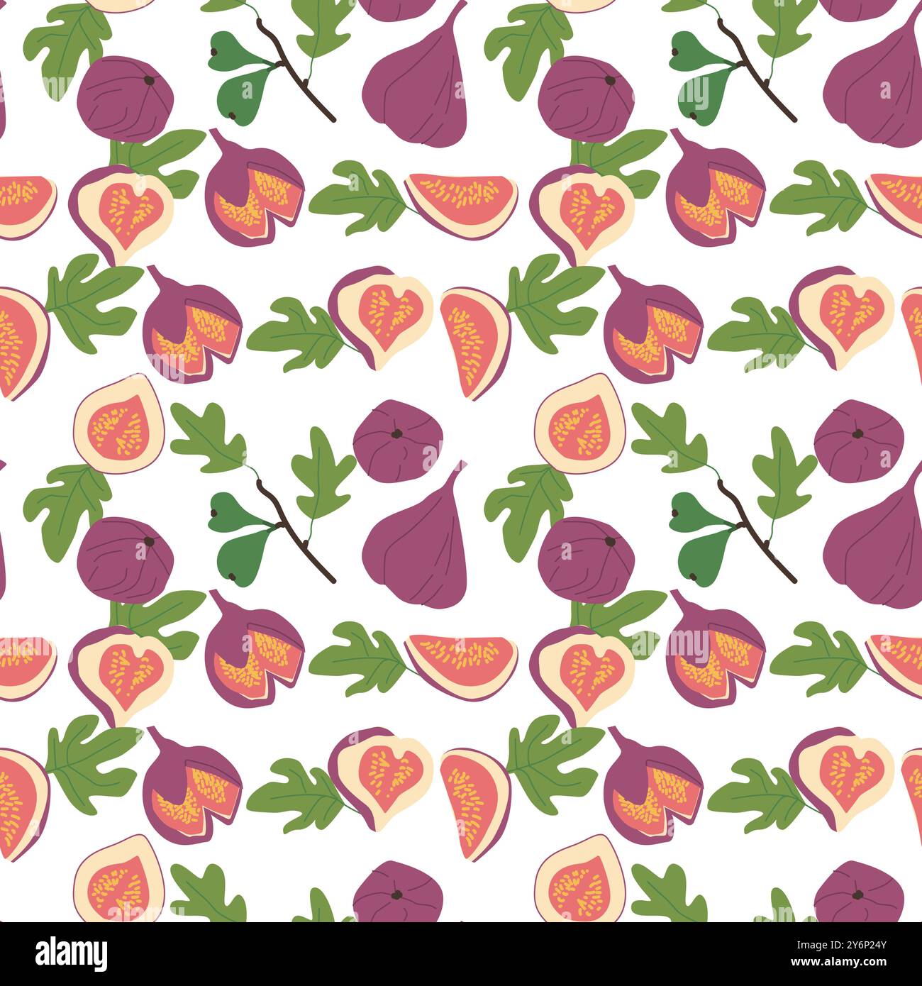 Hand drawn abstract fig pattern with plant parts and sliced food ...