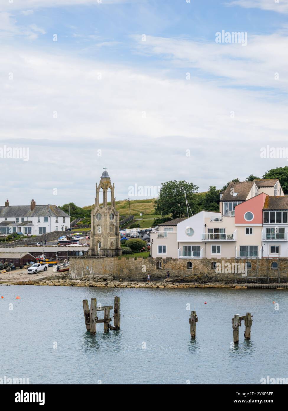 View of the Wellington clock tower from Swanage pier Stock Photo - Alamy