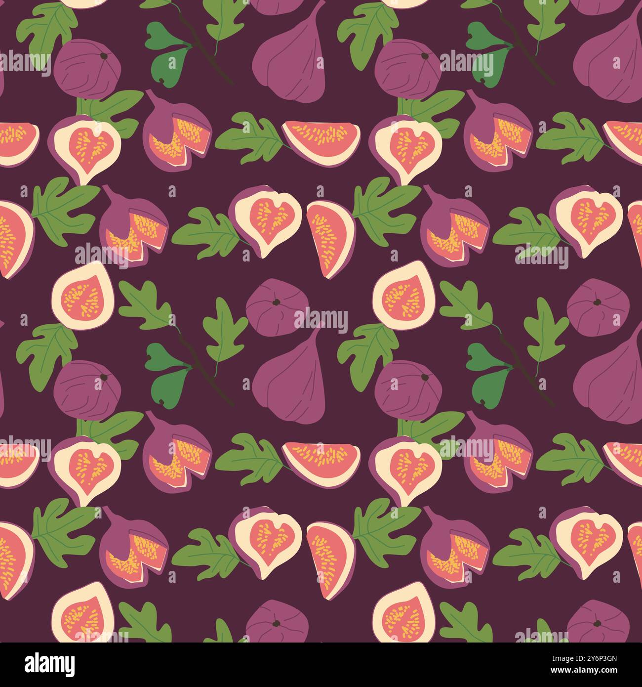 Hand drawn abstract fig pattern with plant parts and sliced food ...