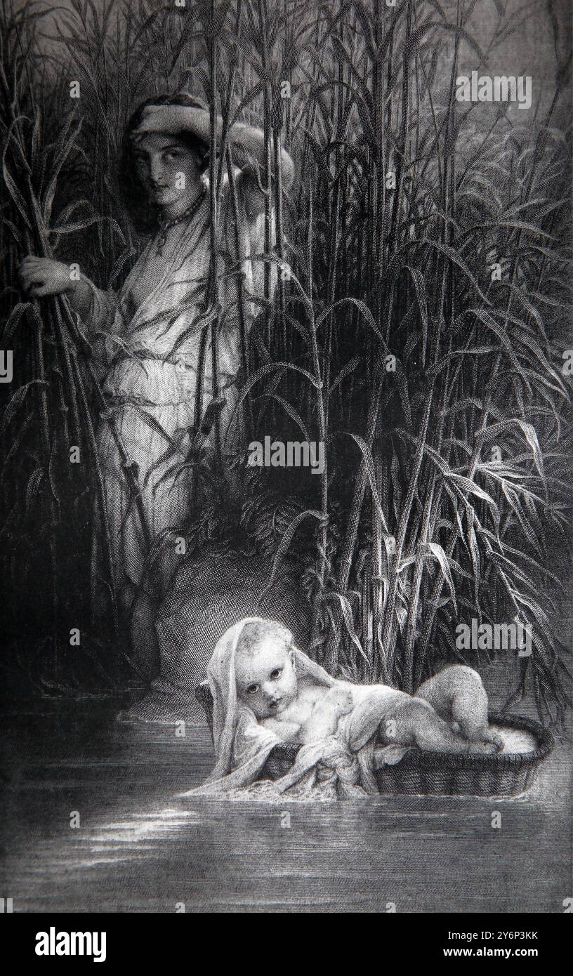 Illustration of Moses in the Bullrushes with his Sister Miriam Hiding ...