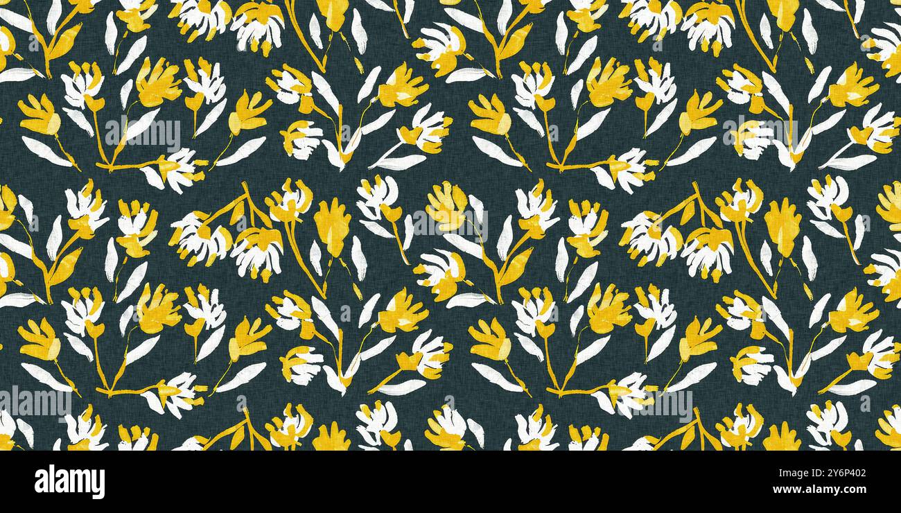 Modern printed fabric flower block print pattern with linen texture ...