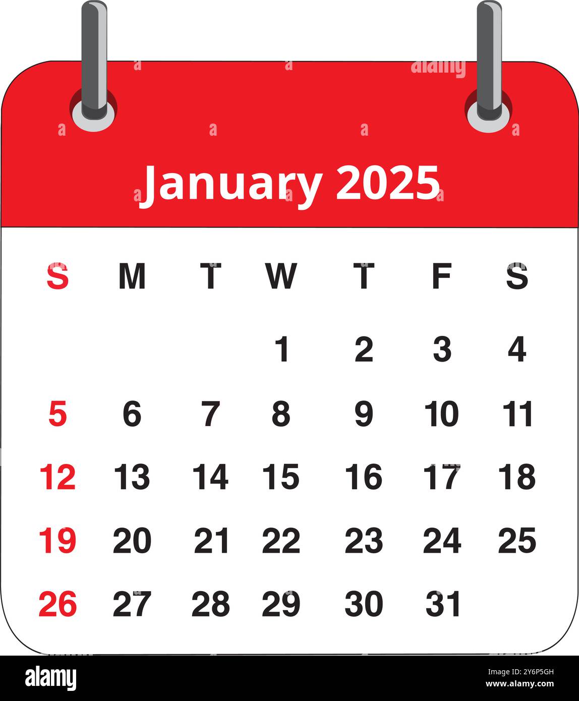 January 2025 calendar page isolated on a white background Stock Vector ...