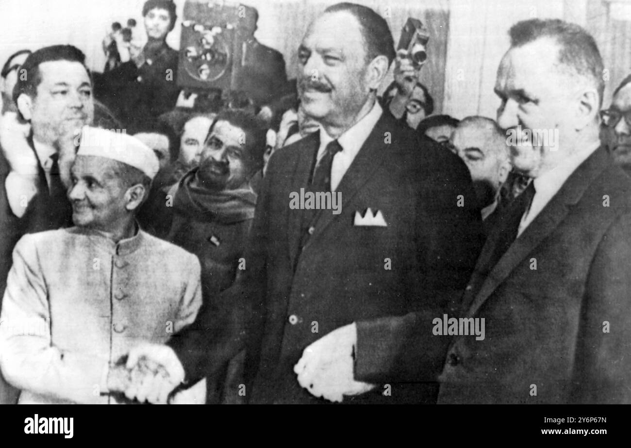 Tashkent, U.S.S.R: Signing the Taskent Declarartion India's Premier Lal Bahadur Shastri (left ...
