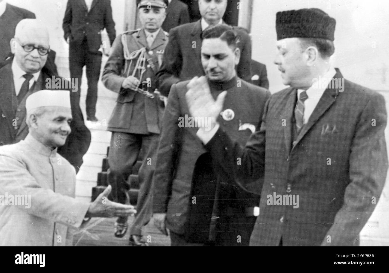 Tashkent, U.S.S.R: India's Premier Lal Bahadur Shastri (left) extends his hand to President ...