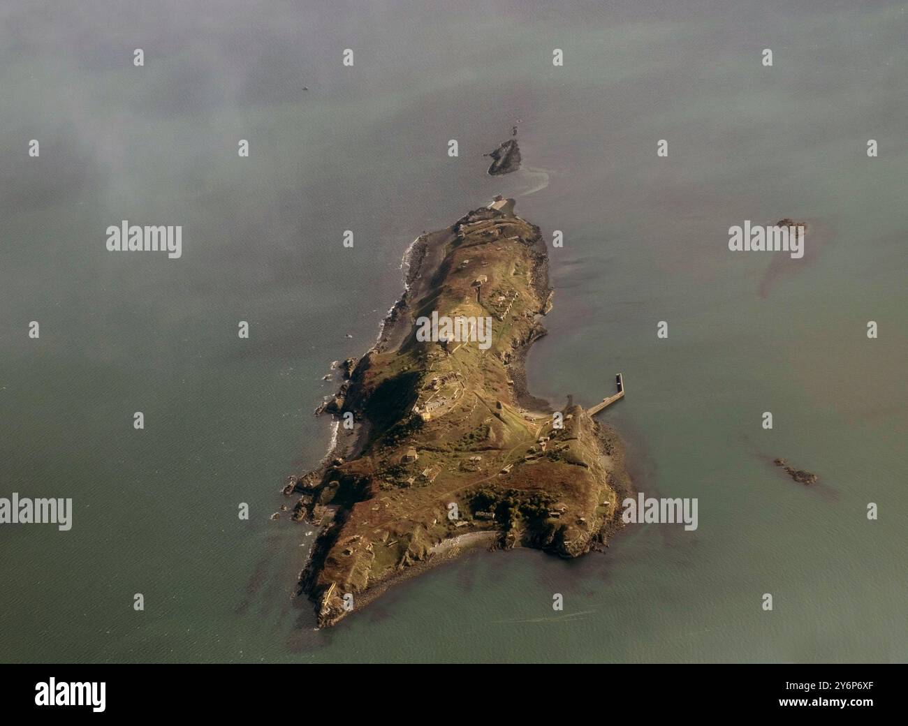 Aerial view of Inchkeith uninhabited Island in the Firth of Forth near ...