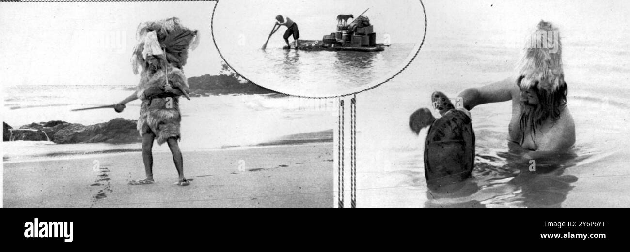 Filming Robinson Crusoe, paddling his raft ashore from the wreck. Finding signs of his future ...