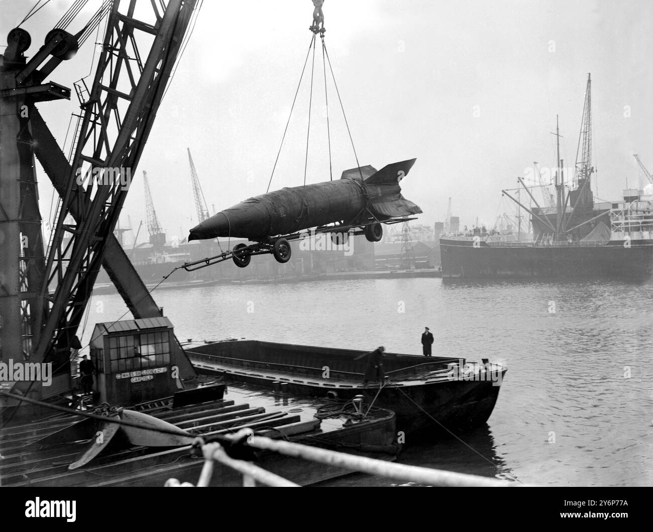 A German V 2 rocket loaded in London docks onto the liner SS Karamea 3 ...