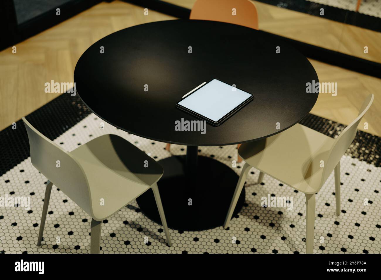 Restaurant table with graphic tablet empty screen mockup. Electronic ...