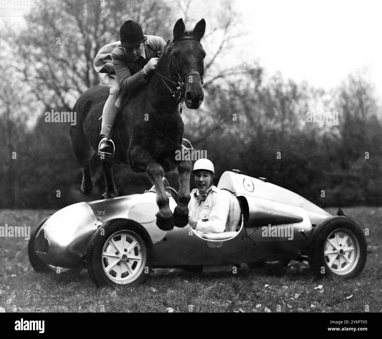 14 year old showjumper Pat Moss takes her pony over the racing car of ...