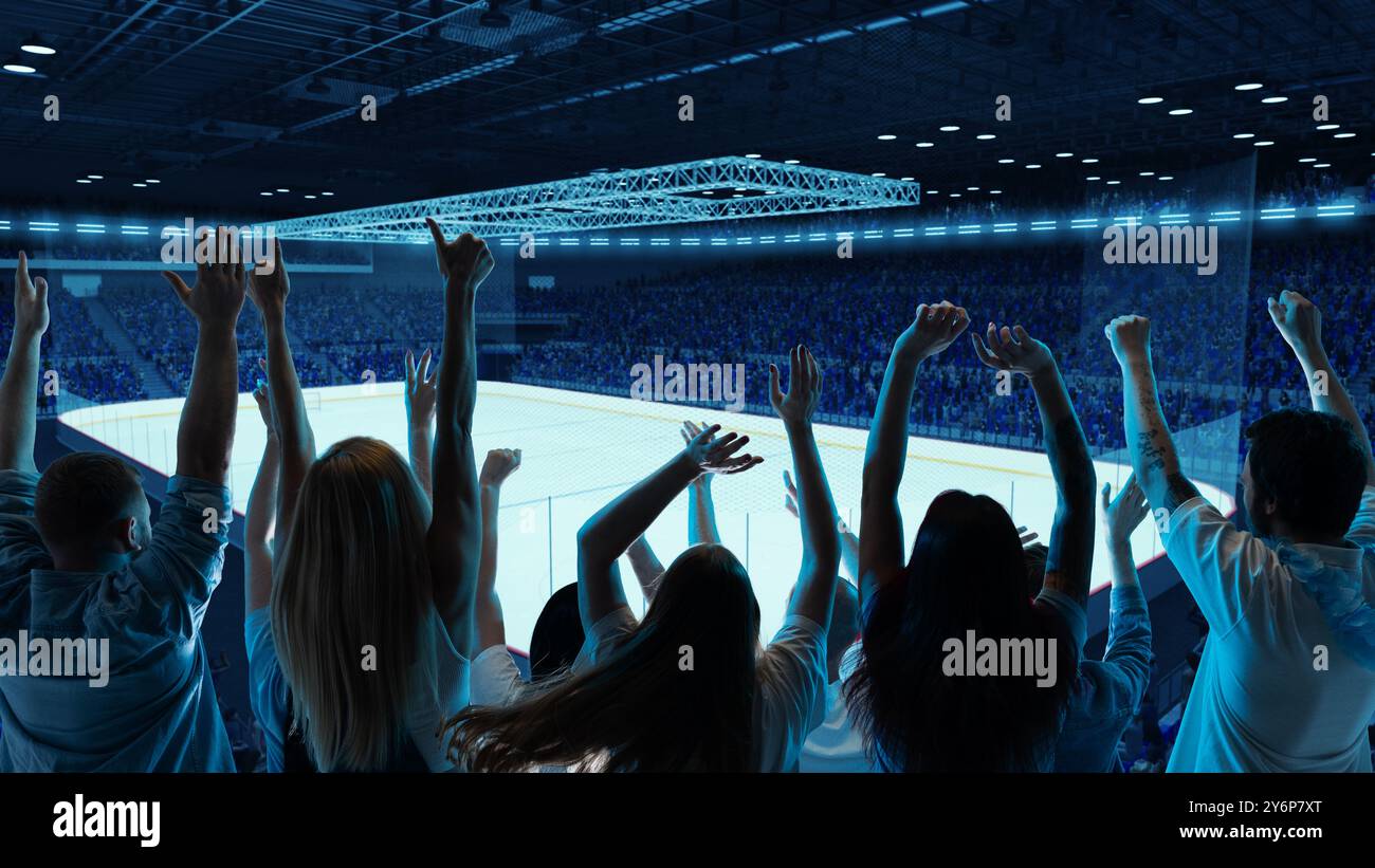 Fans cheer in hockey stadium, raising their hands toward ice rink ...