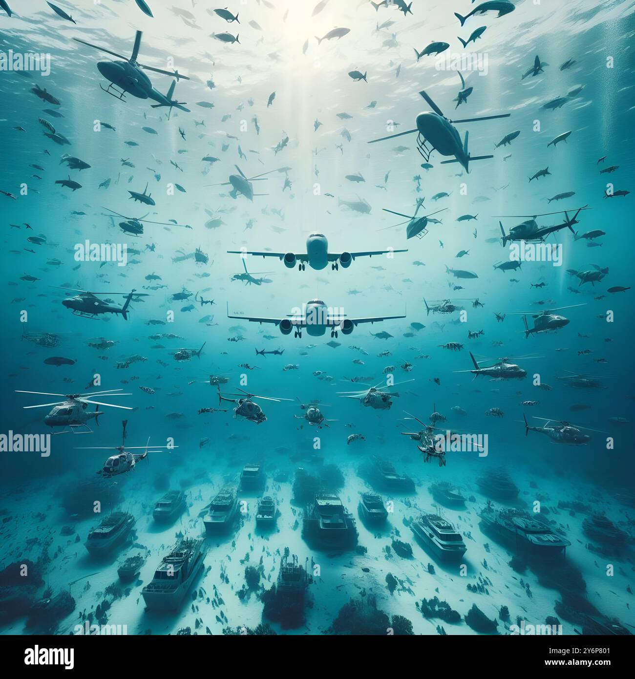 Large group of airplanes and helicopters flying over an underwater ...