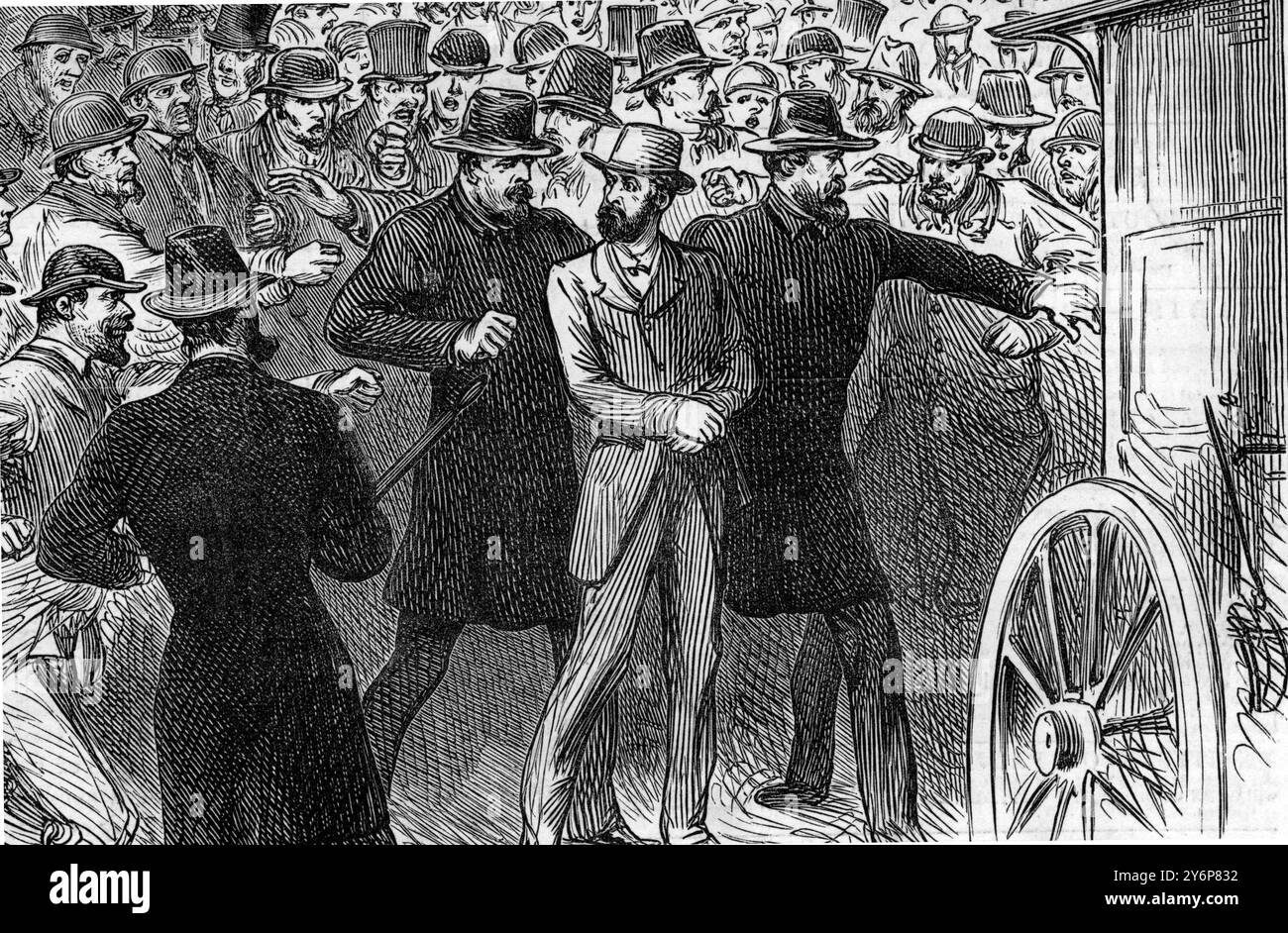 An illustration showing the prisioner, Guiteau, leaving the Court-room ...