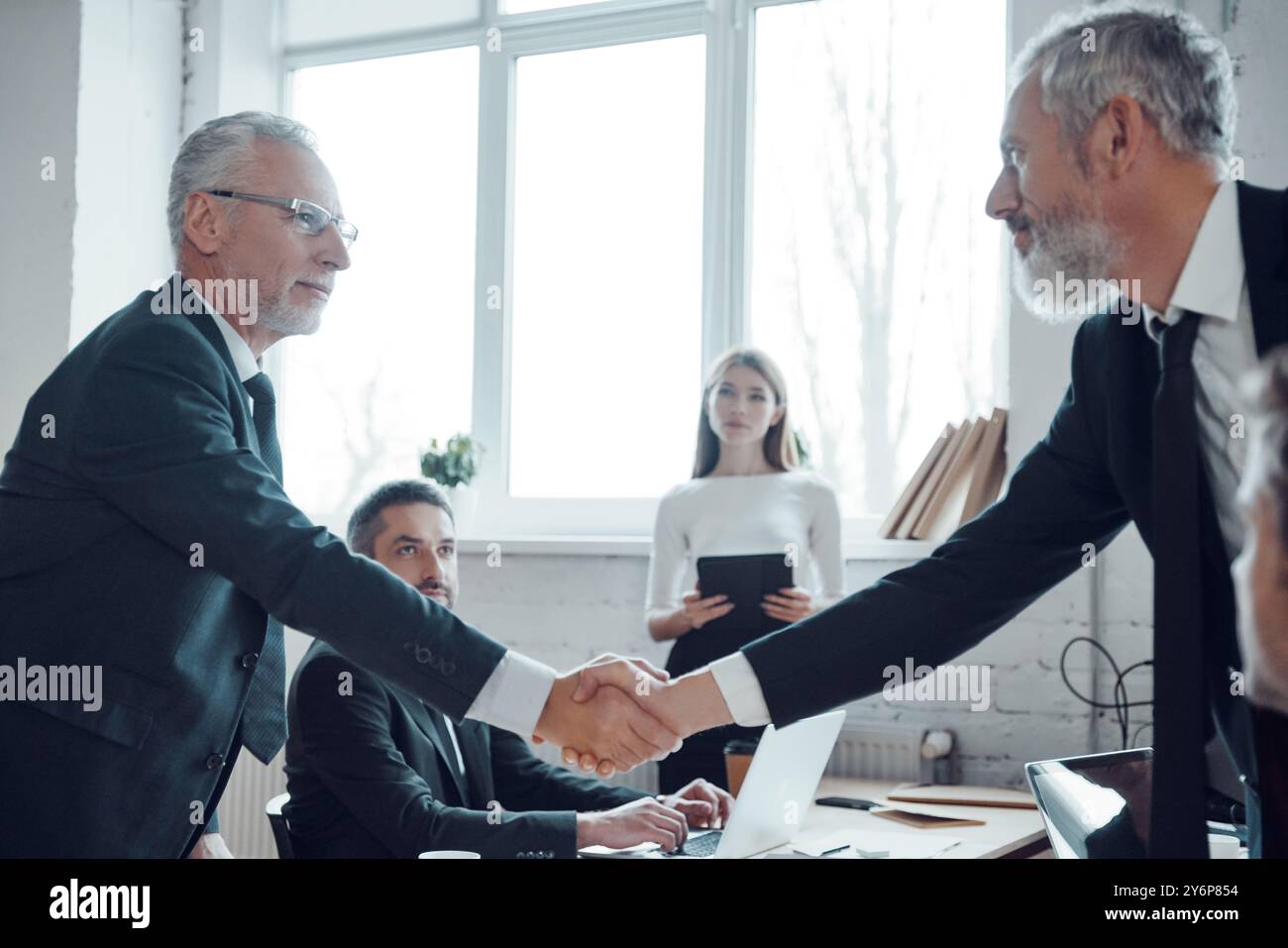 Modern businessmen shaking hands while working together with their team ...