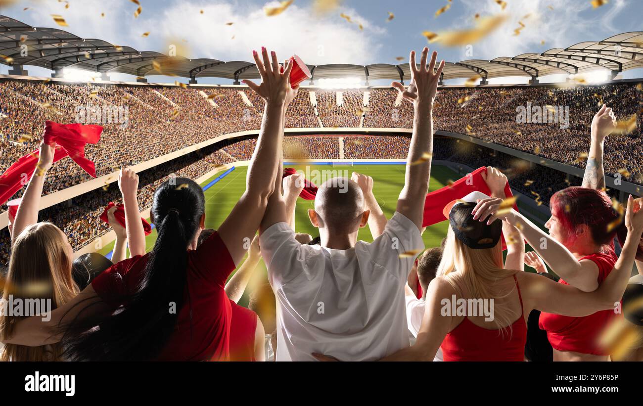 Vibrant soccer stadium scene filled with fans waving red flags and cups ...