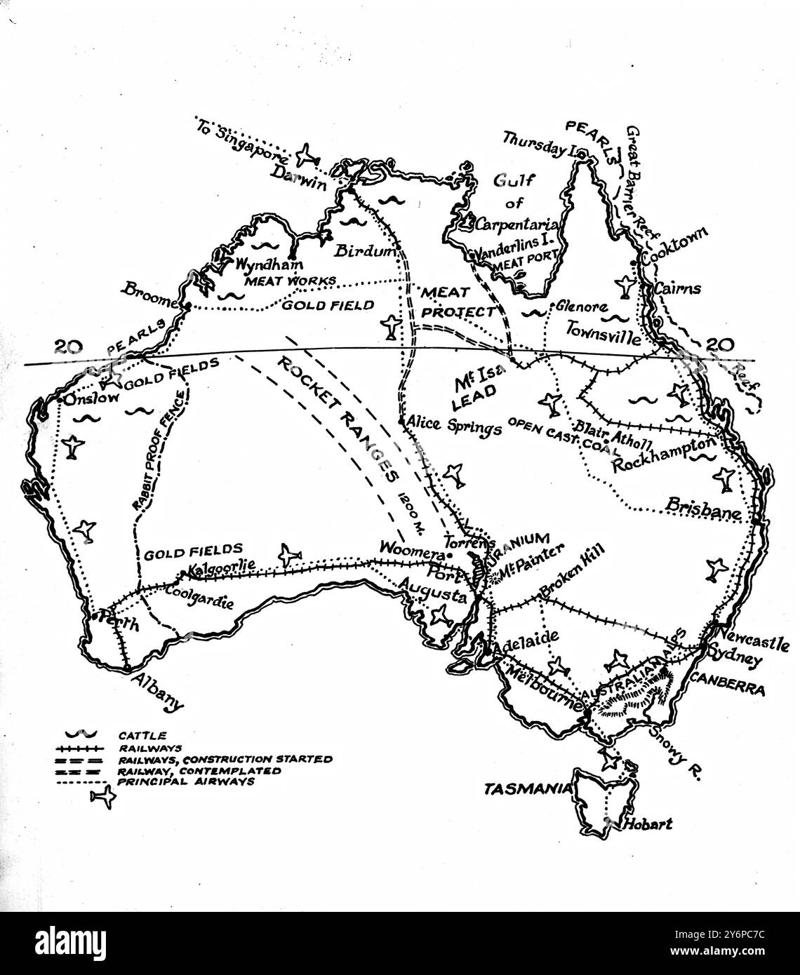 Map of Australia including the Rocket Ranges of Woomera, goldfields and ...