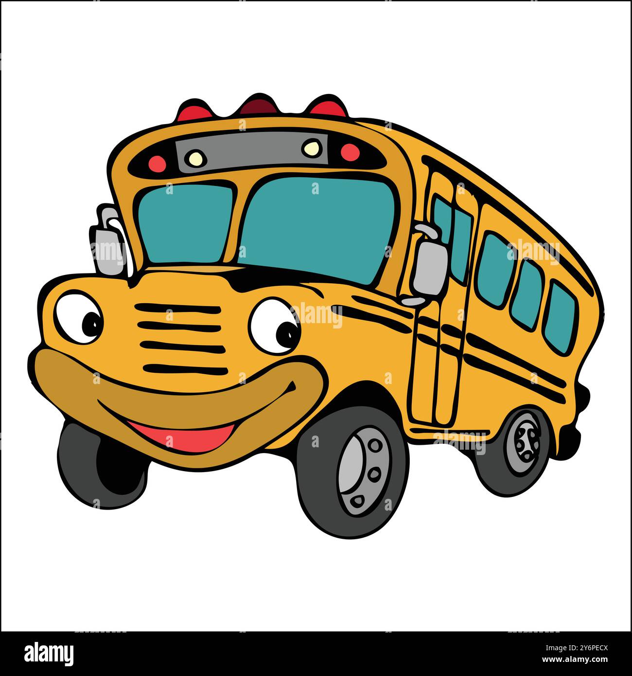 Cute retro yellow school bus on the road cartoon vector illustration ...