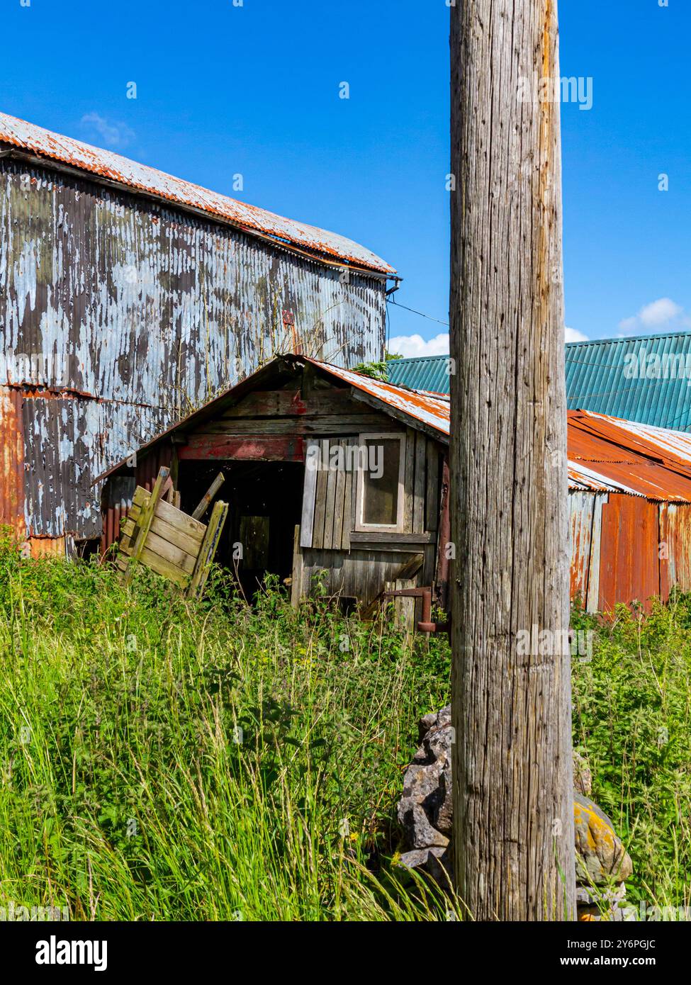 Detail of a corrugated iron wall on a metal building with signs of rust ...