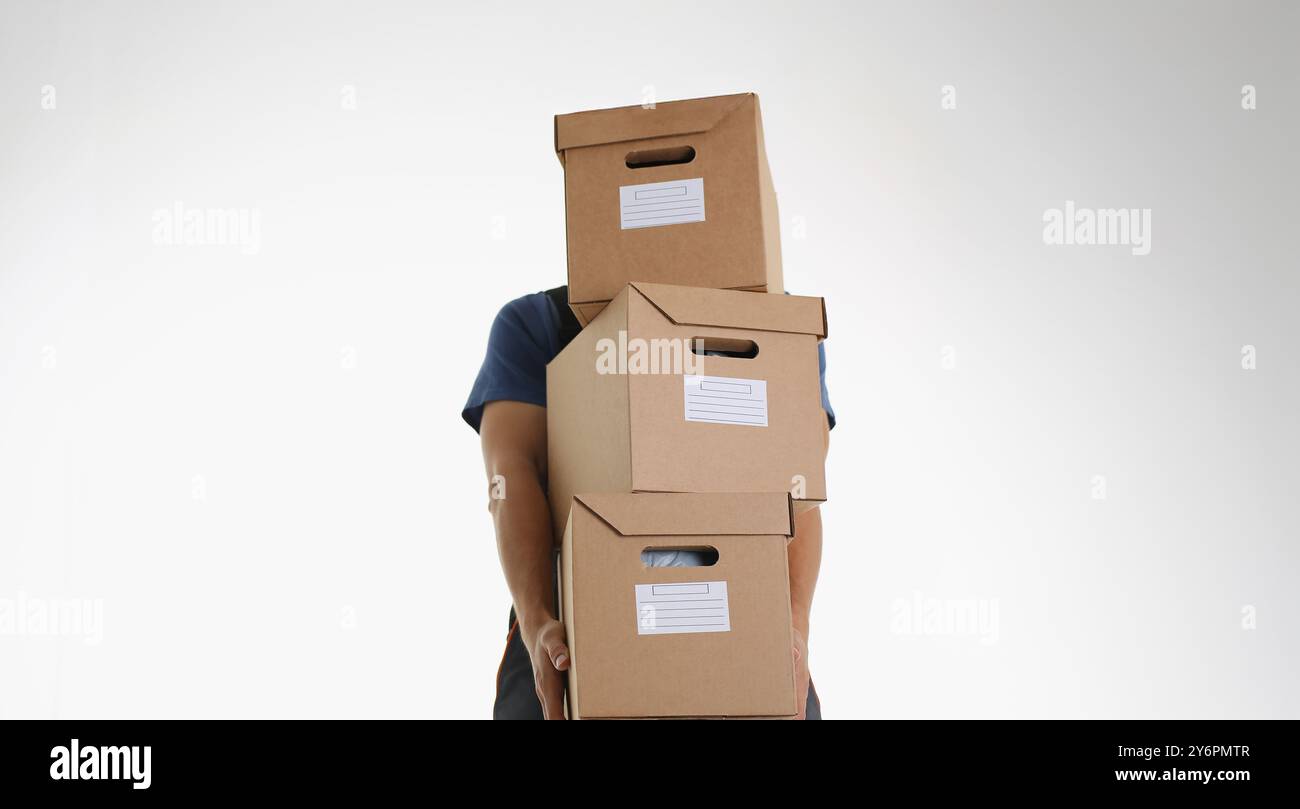 Postman carry bunch with cardboard packages for further delivery Stock ...