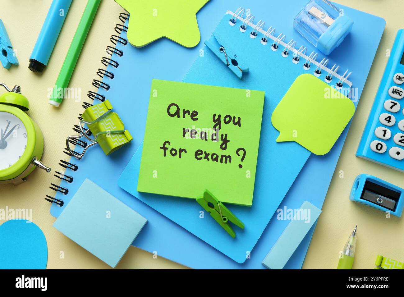 Paper note with question Are You Ready For Exam and stationery on pale ...