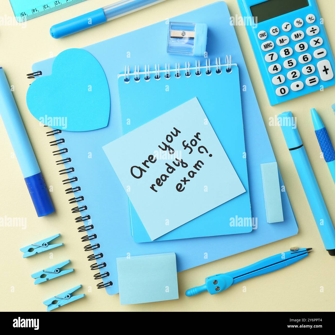 Paper note with question Are You Ready For Exam and stationery on pale ...