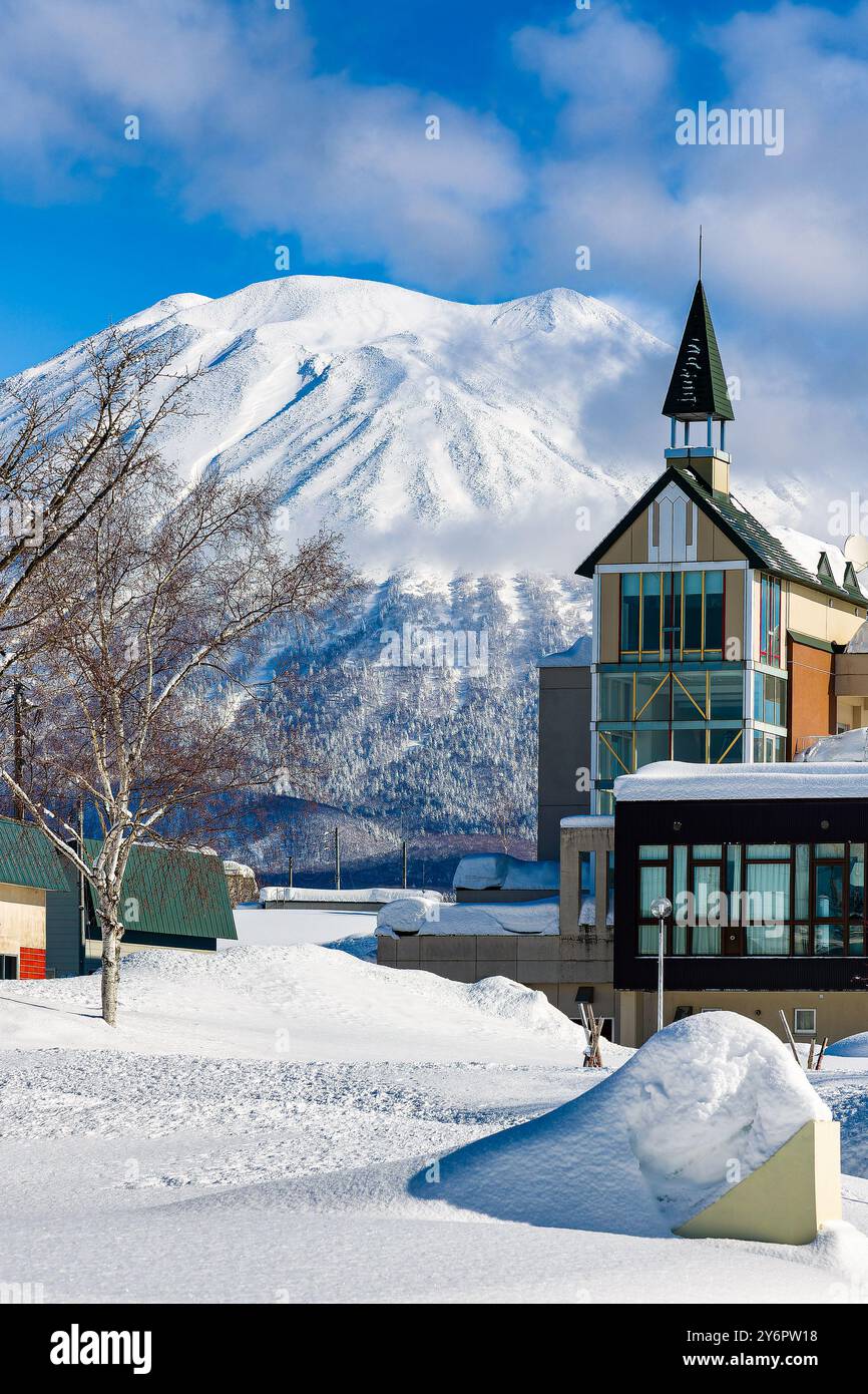 Mount Yotei volcano in a clear blue sky viewed from the Japanese ski ...