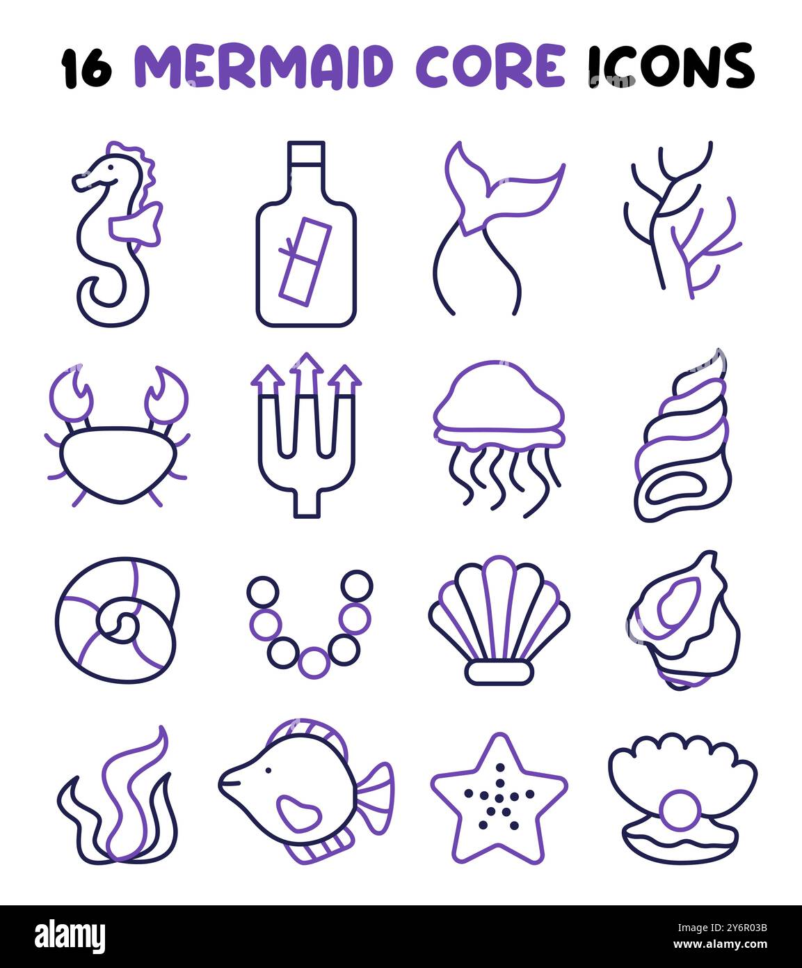 Mermaid icons set. Magical undersea world, seashell, starfish, corals ...