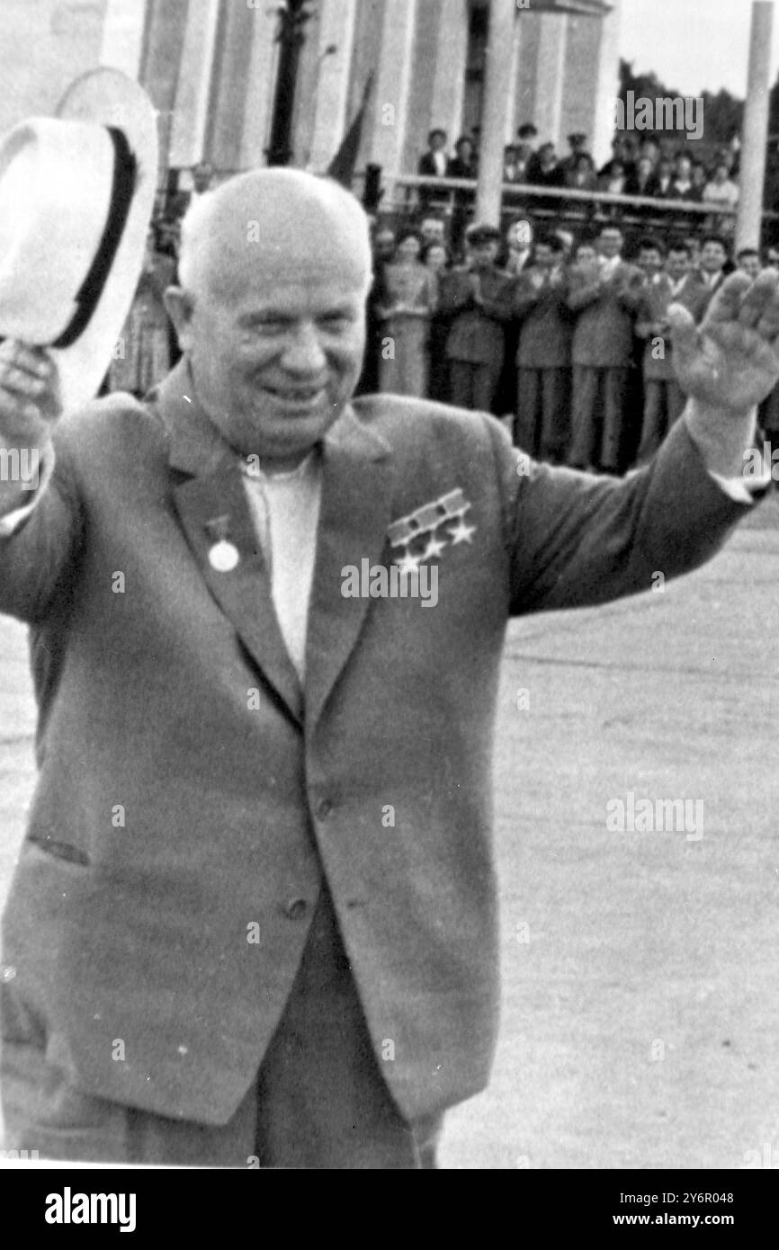 SOVIET PRIME MINISTER NIKITA KHRUSHCHEV IN RUMANIA WAVING TO CROWDS ...