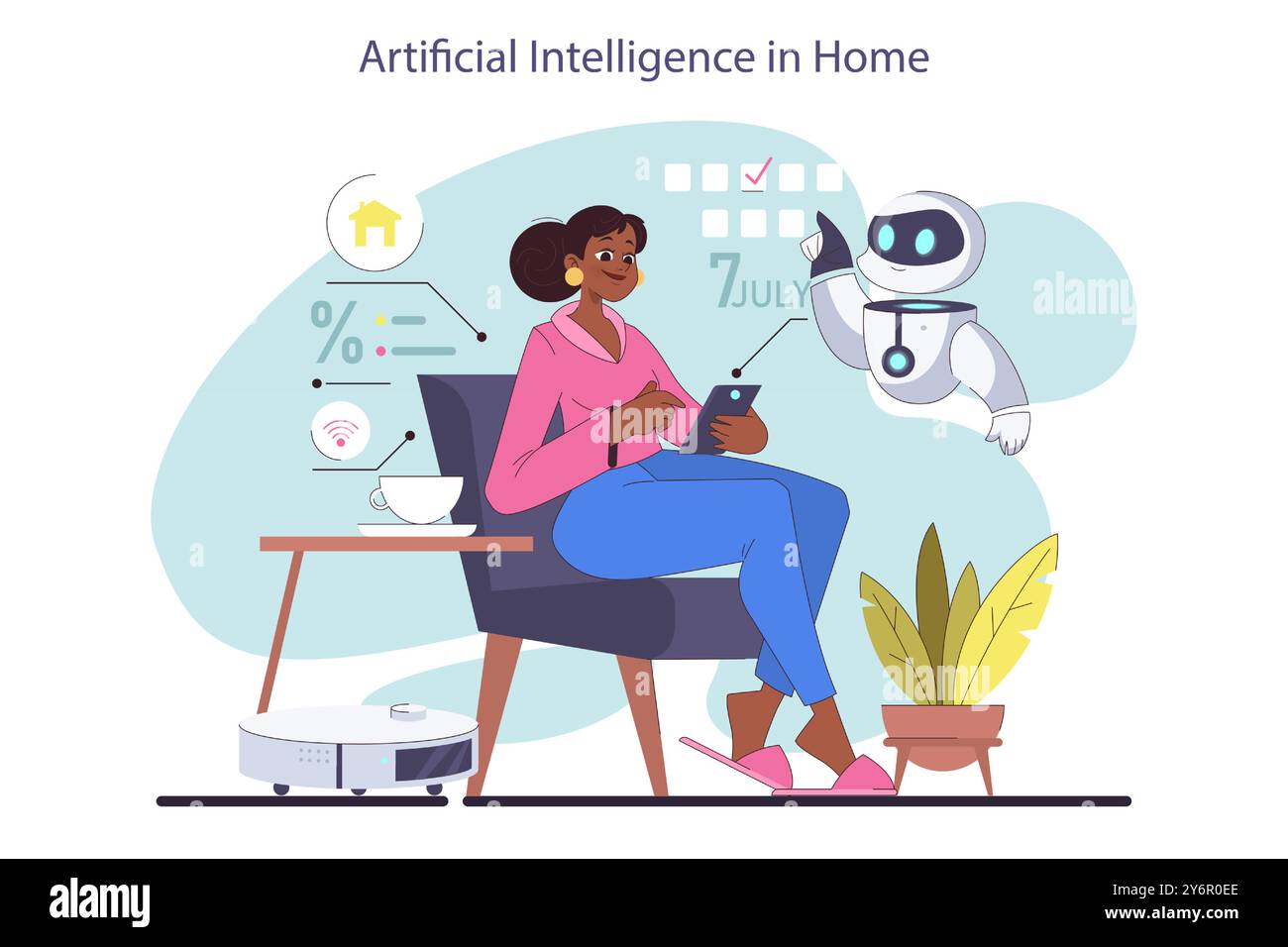 Artificial intelligence technologies. Smart house system, iot appliances, security equipment and ...