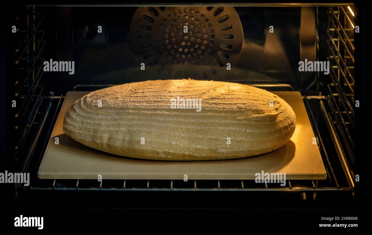 Oval-shaped bread dough on a baking stone seen through the oven door as ...