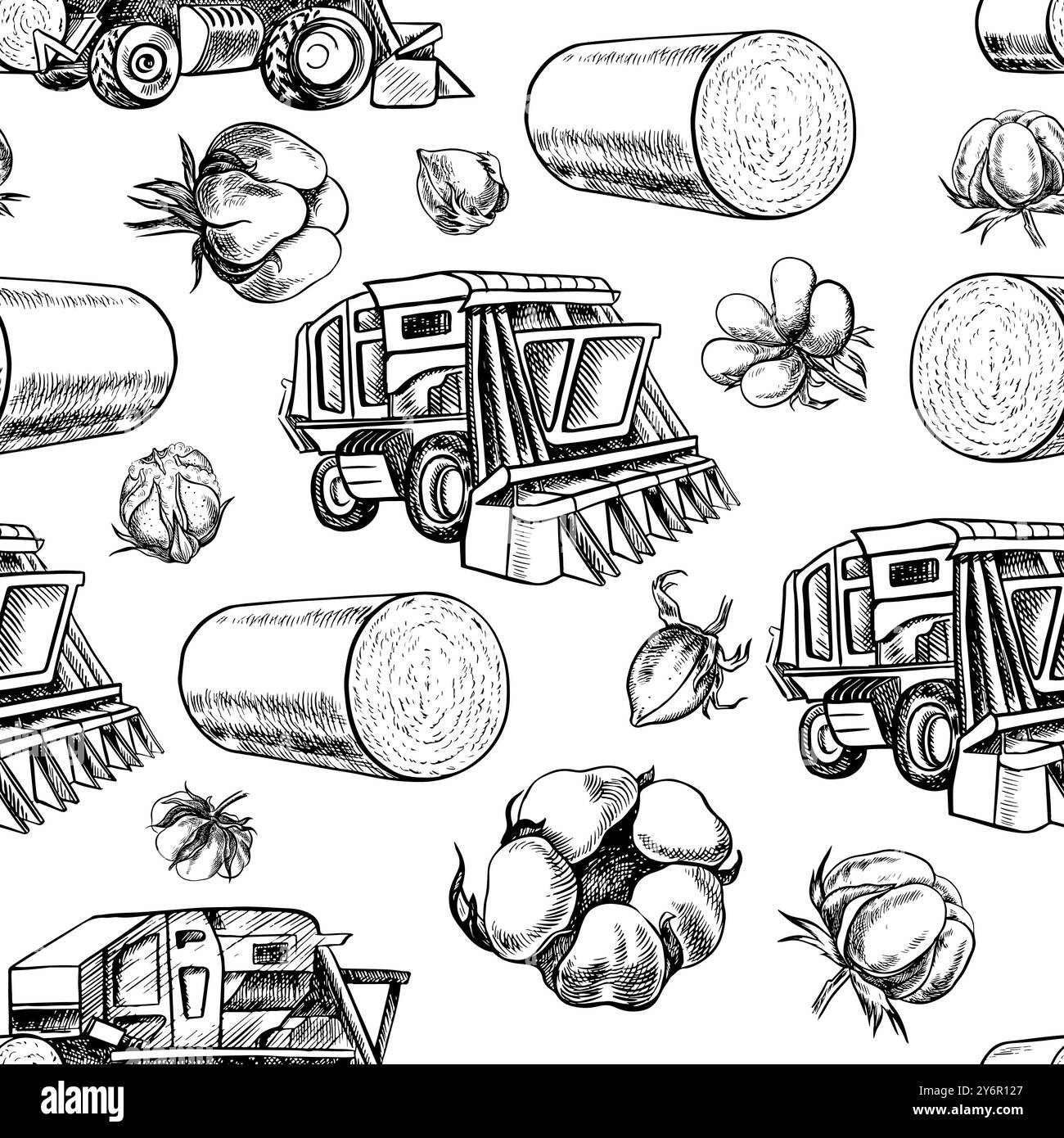 Cotton harvesters. Seamless black and white drawing, graphic vector ...