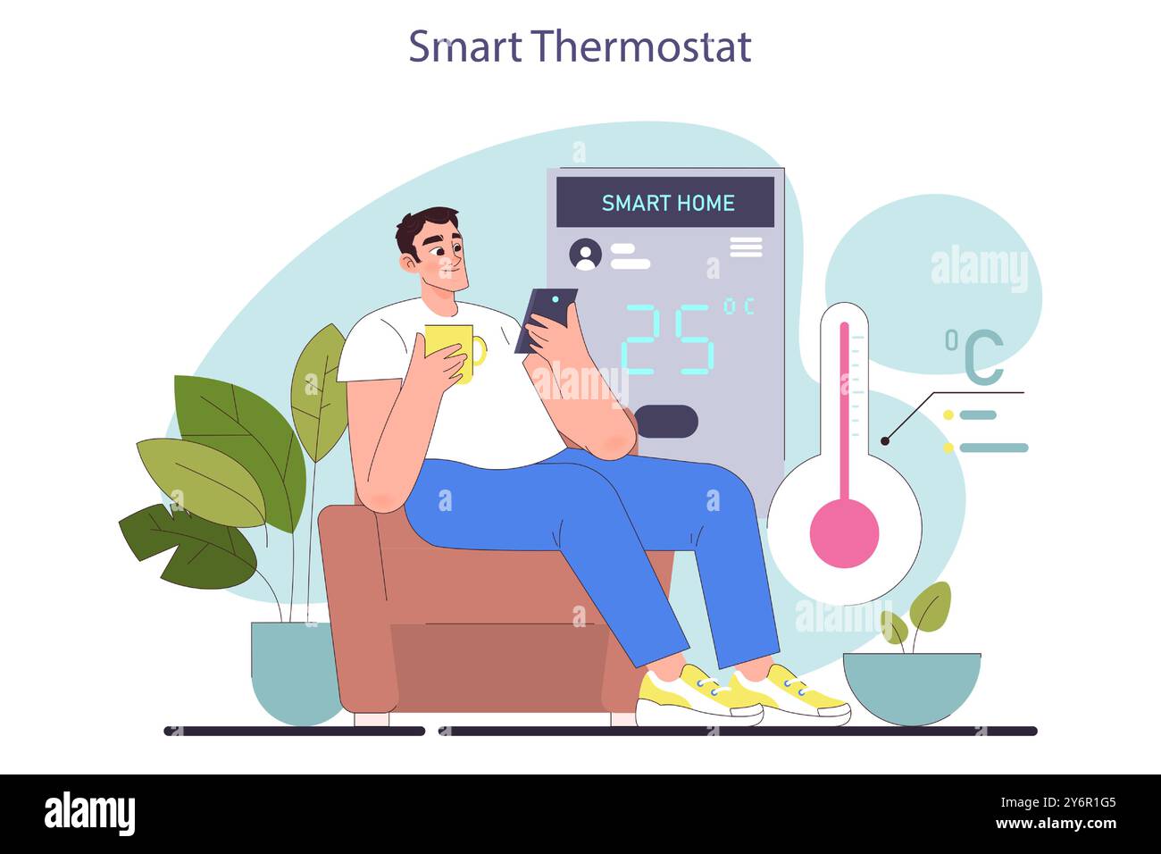 Smart home thermostat. Man setting management panel. Ai-based climate ...