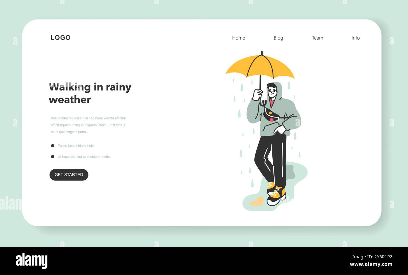 Male character under the rain web banner or landing page. Rainy and ...