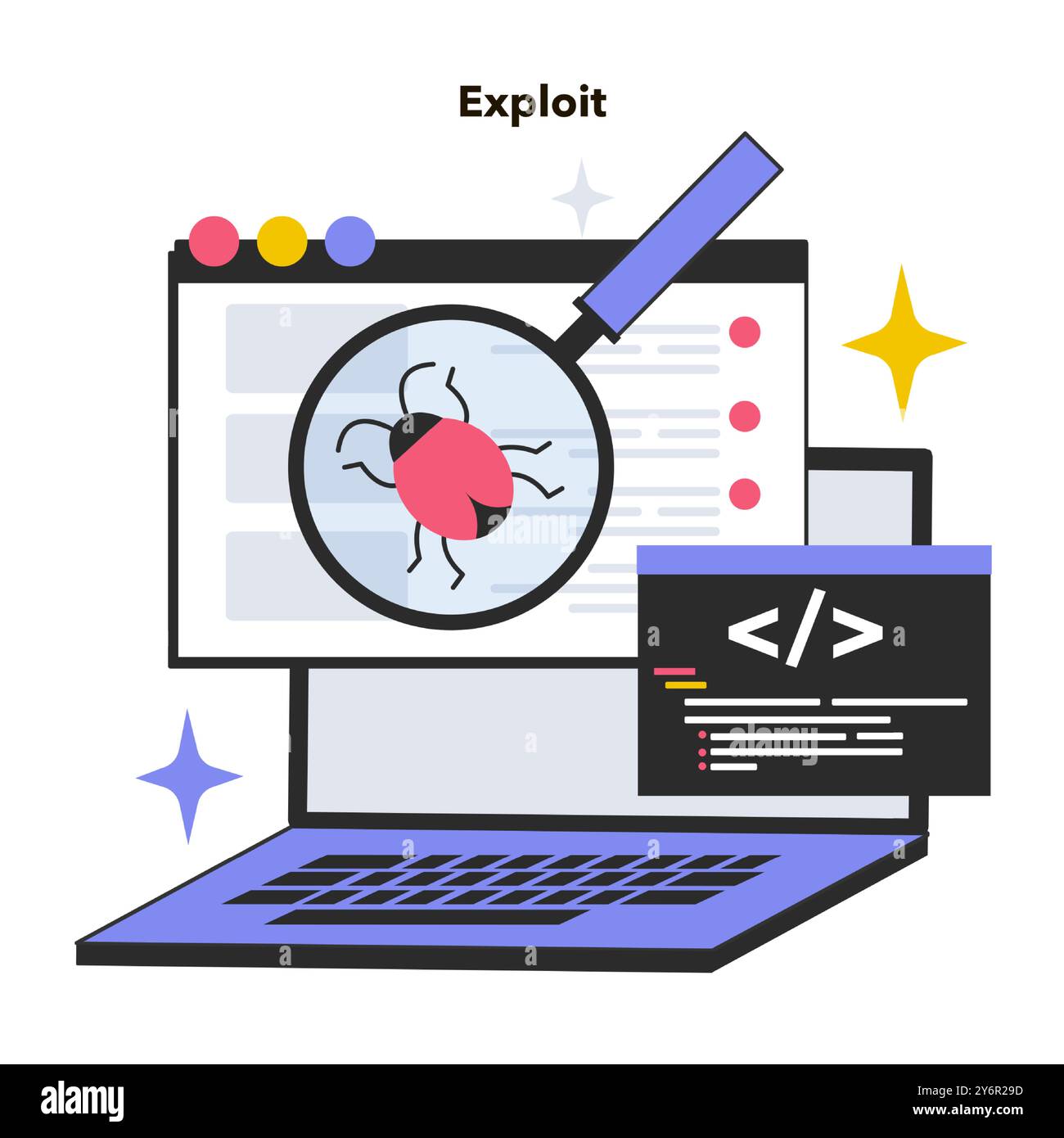 Exploit software tool. Software bug or vulnerability break out. Cyber attack with malware ...