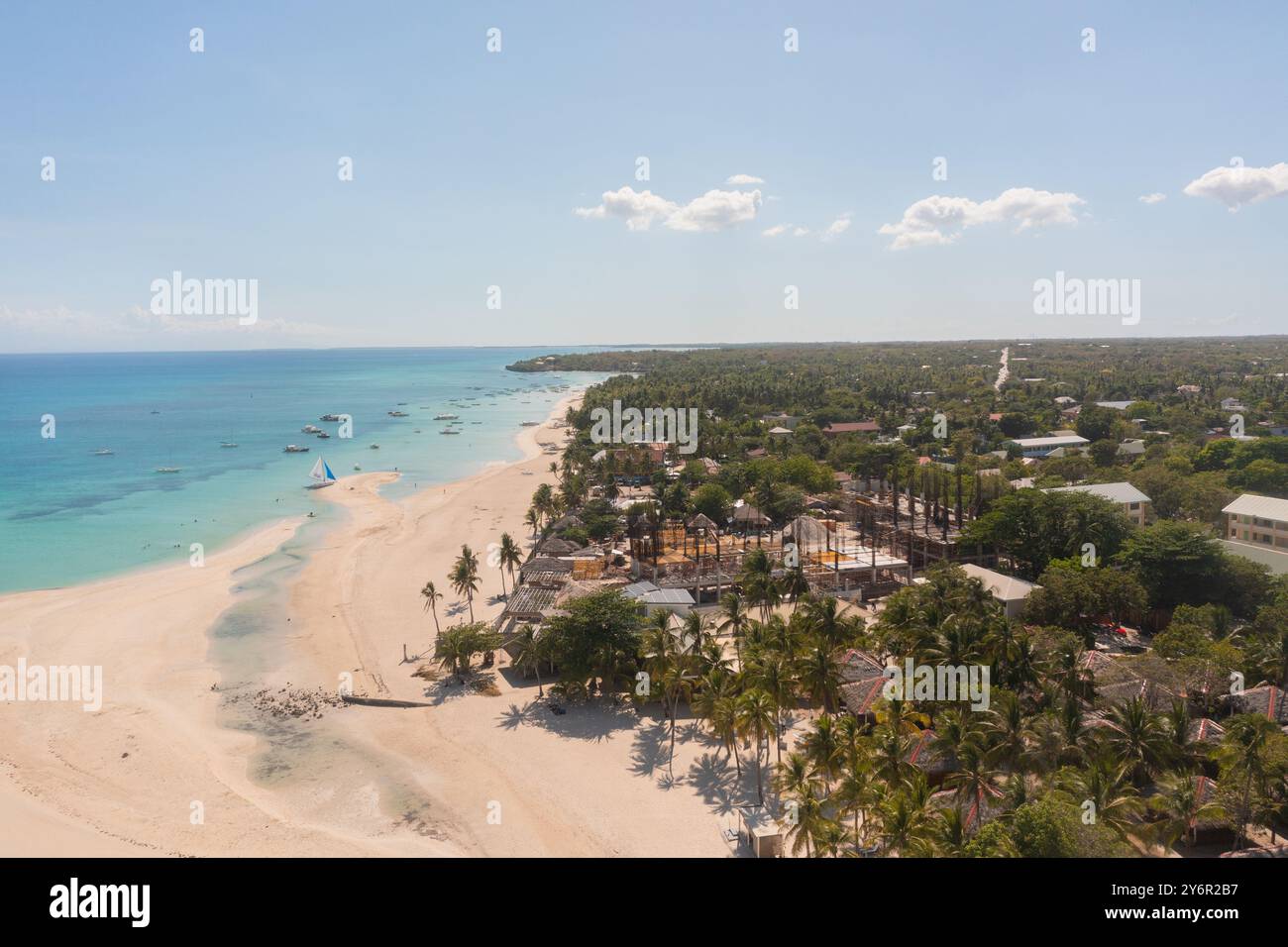 Aerial view of sandbar and beach in Bantayan Island. Sailing boat over ...