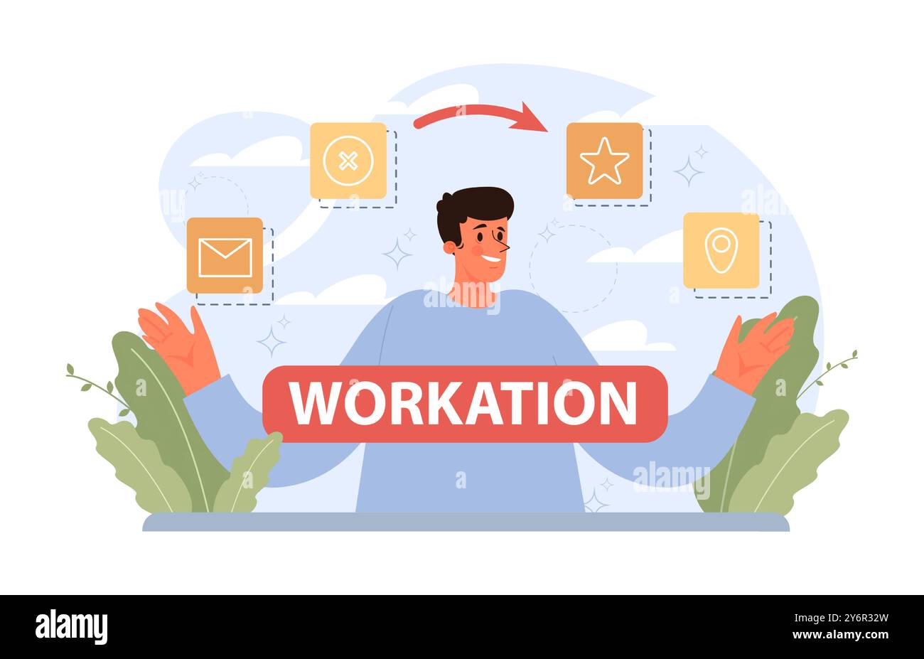 Workcation. Chatacter working away from the office. Digital nomad or ...