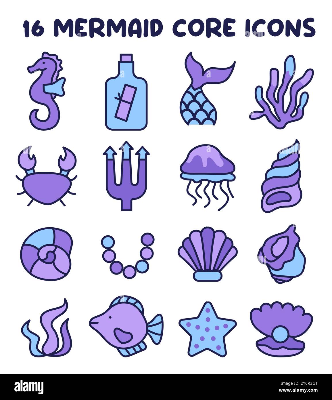 Mermaid icons set. Magical undersea world, seashell, starfish, corals ...