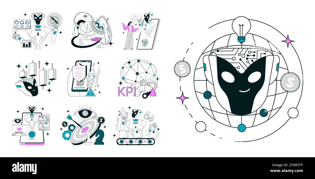 Impact of Artificial intelligence on business set. AI-powered ...