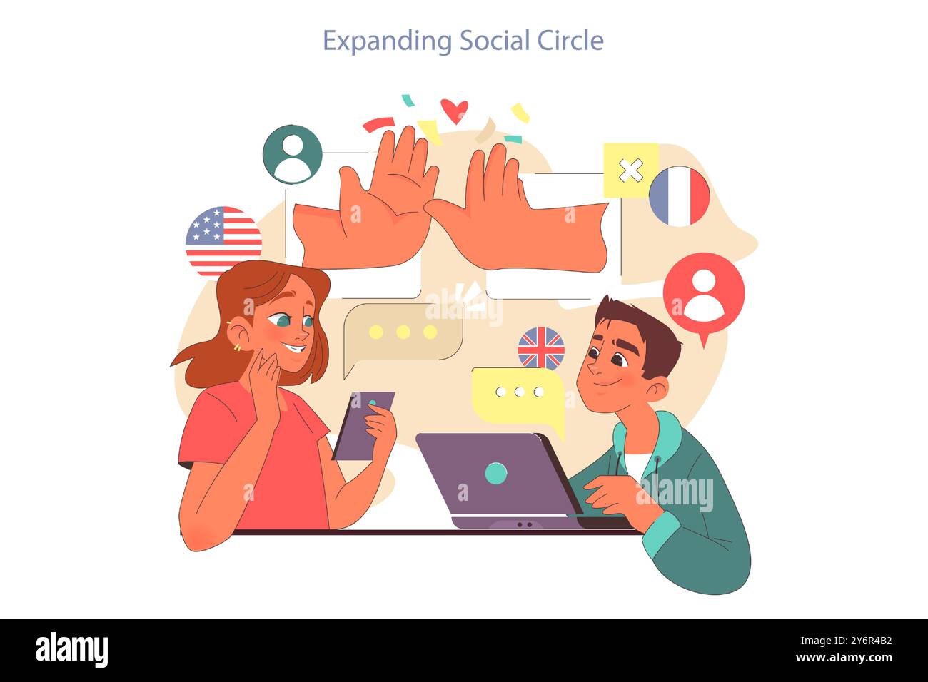 Positive aspect of social networks. Teen characters meeting new friends ...