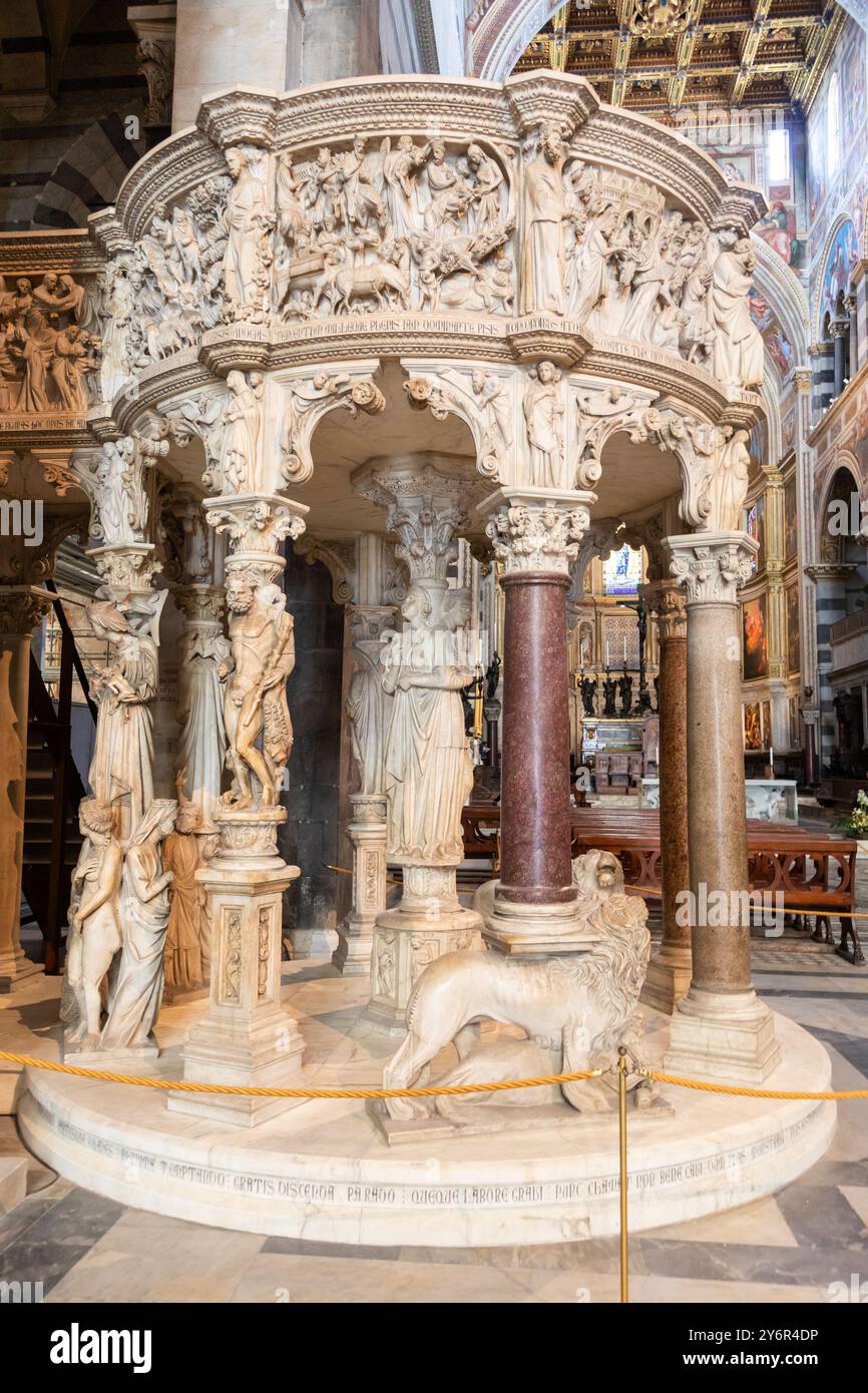 Pisa, Italy - 29 June 2023. Cathedral interior. The pulpit, Medieval ...