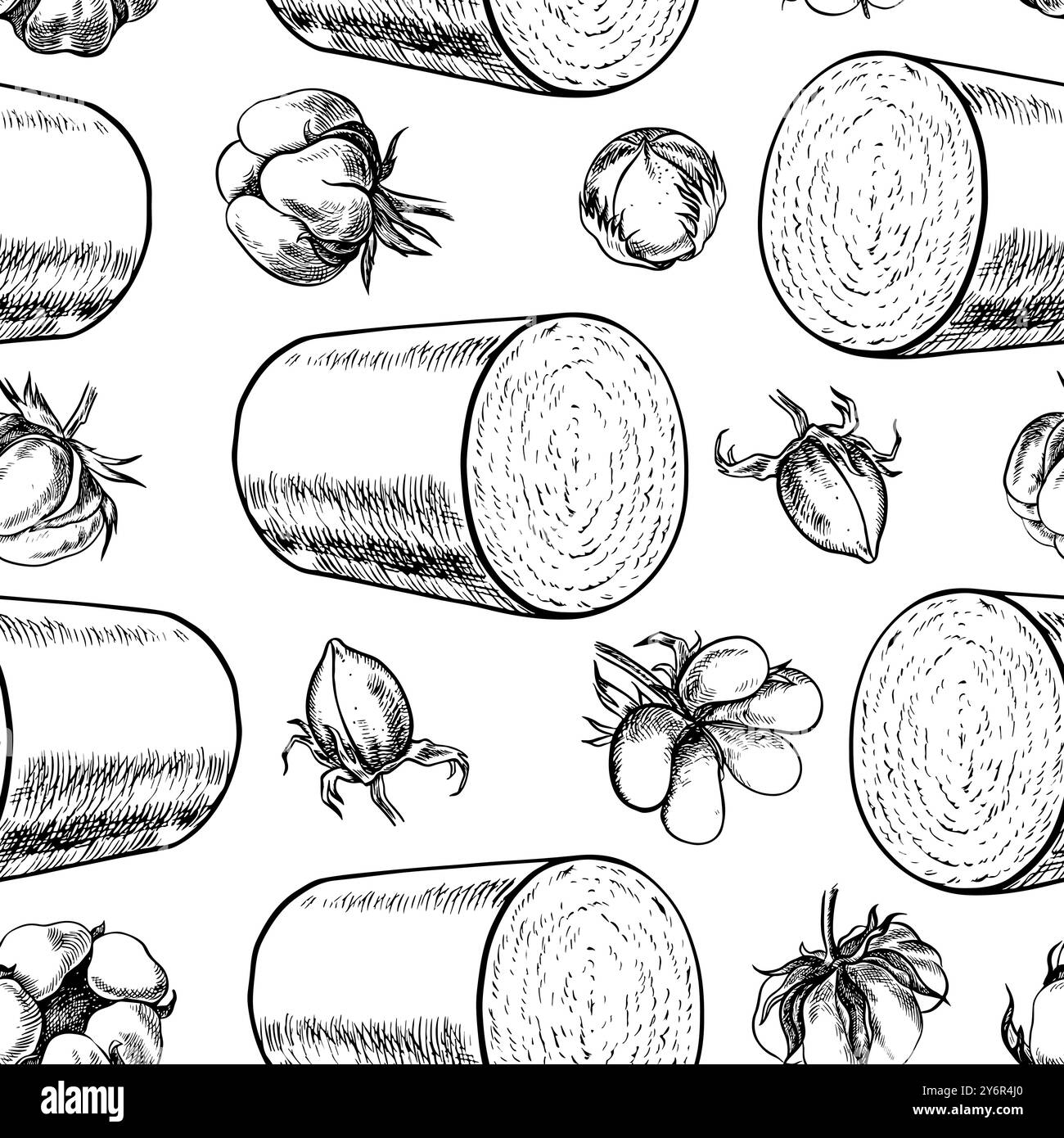 Cotton harvesters. Seamless black and white drawing, graphic vector ...