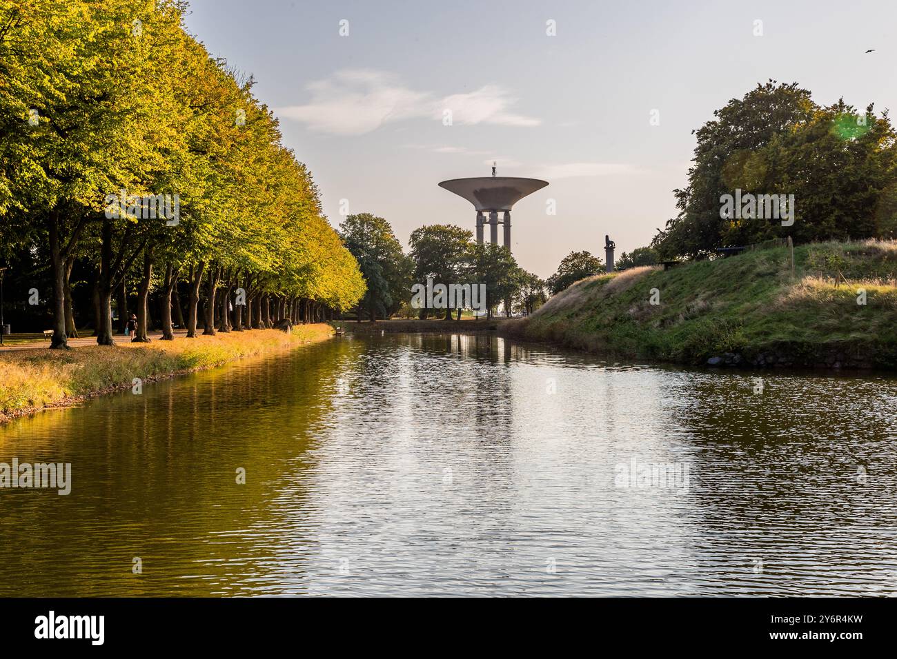 A moat surrounds Landskrona Citadel. The iconic water tower in the ...
