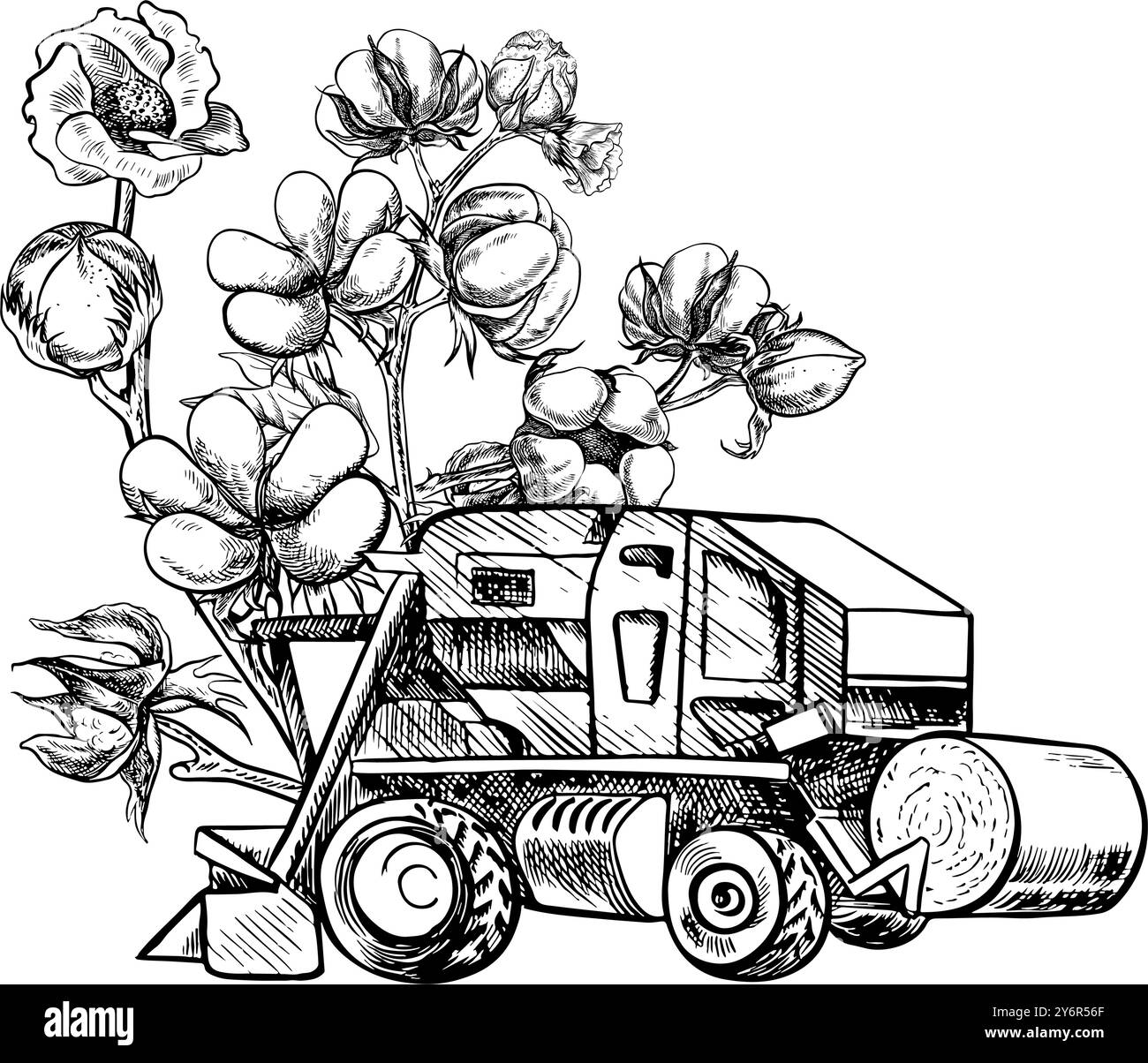 Cotton harvester. A black and white vector graphic illustration made by ...