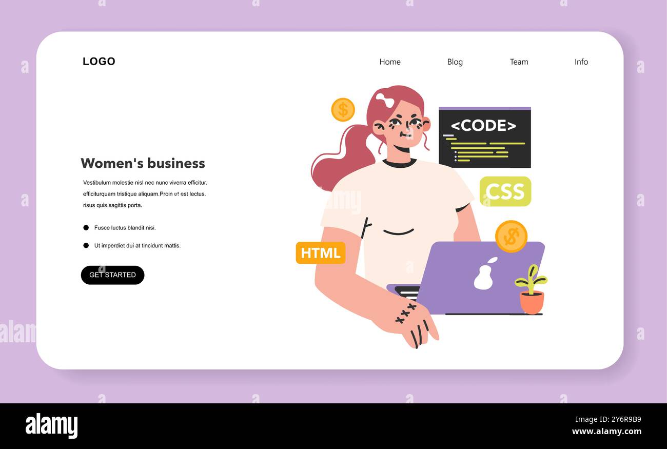 Software developer web banner or landing page. Female programmer coding a website. Digital ...